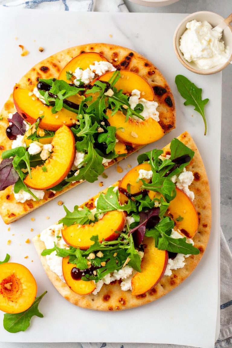 Vegan Flatbread with Ricotta, Peaches, and Greens - Vegan Focus